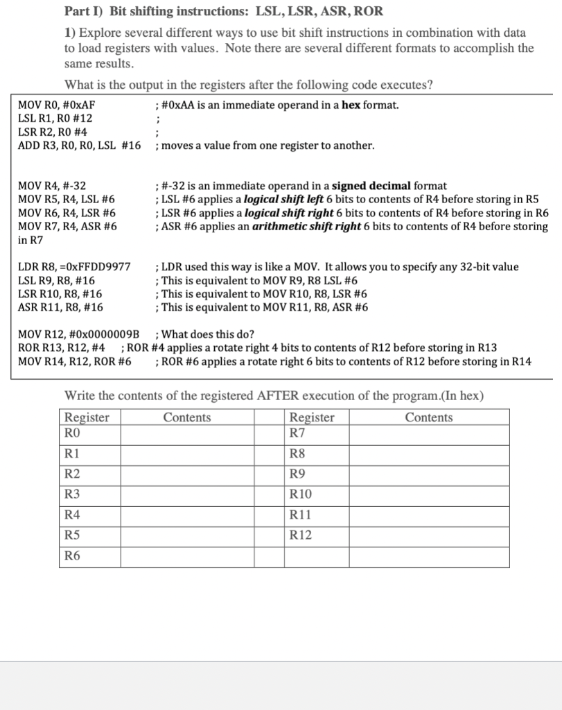 Part I) Bit shifting instructions: LSL, LSR, ASR, ROR | Chegg.com