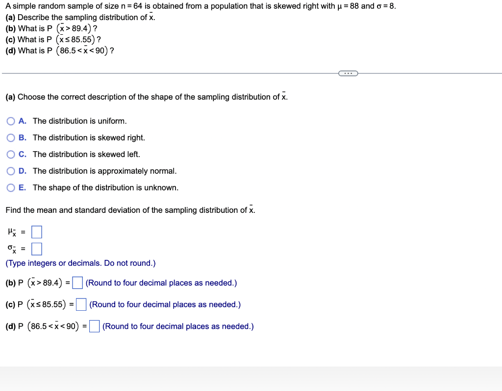 Solved A simple random sample of size n=64 is obtained from | Chegg.com