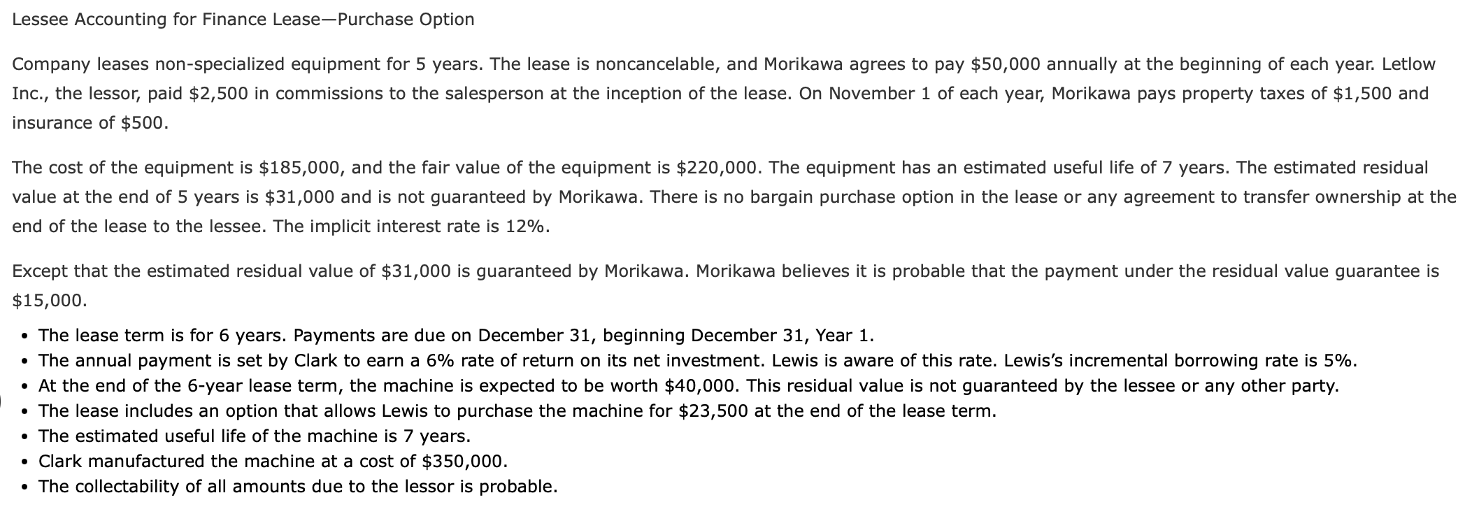 Solved Lessee Accounting for Finance Lease-Purchase Option | Chegg.com