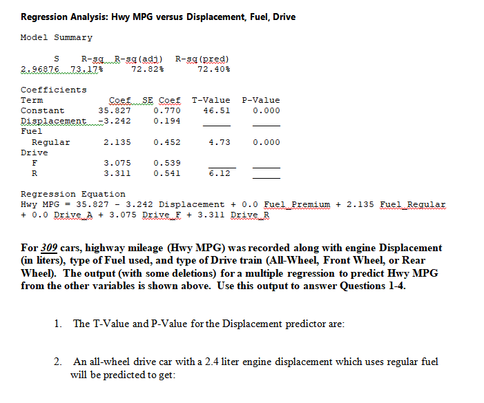 Solved Regression Analysis: Hwy MPG versus Displacement, | Chegg.com
