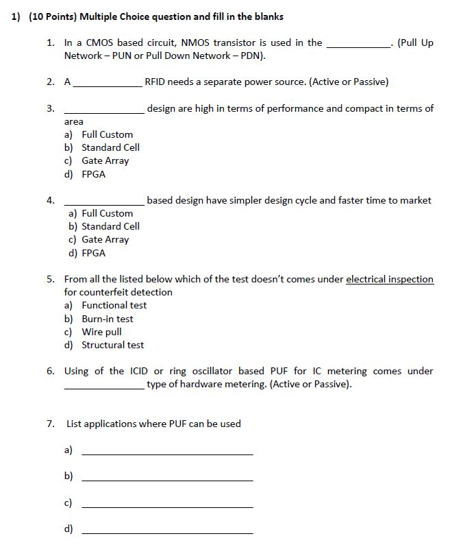 Solved 1) (10 Points) Multiple Choice question and fill in | Chegg.com