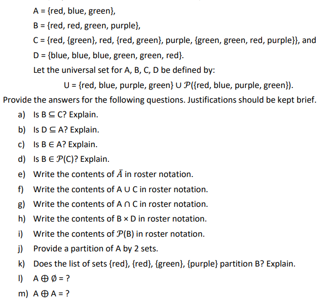 Solved A={ red, blue, green }, B={ red, red, green, purple | Chegg.com