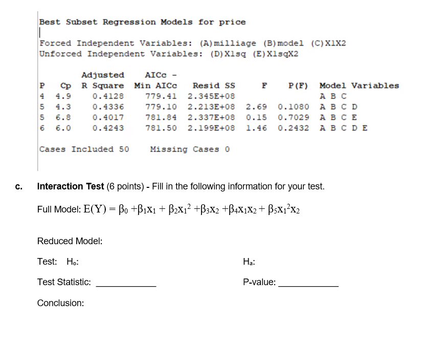 Solved Best Subset Regression Models for price | Forced | Chegg.com
