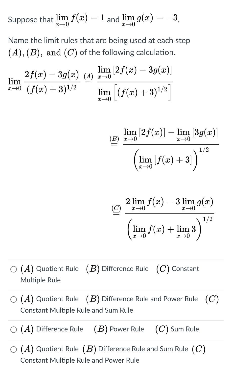 Solved = Suppose that lim f(x) 1 I and lim g(x) = = :-3. 3-0 | Chegg.com