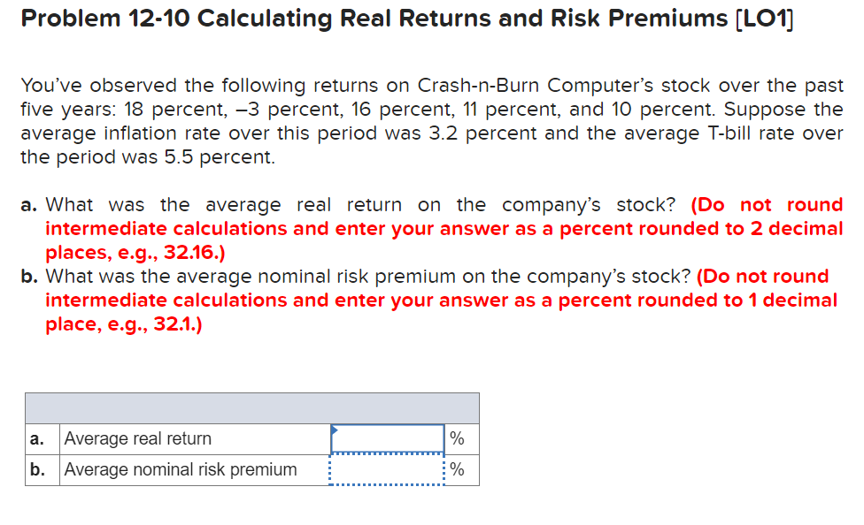 Solved Problem 12-10 Calculating Real Returns and Risk | Chegg.com