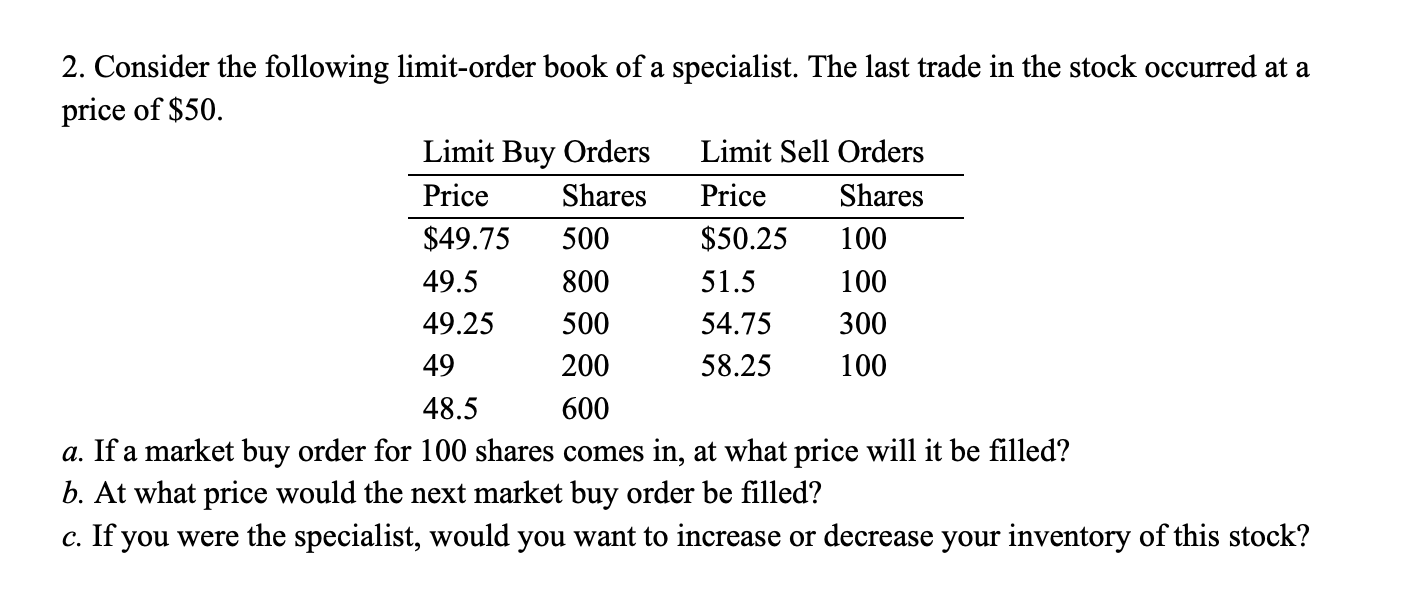 Solved 2. Consider the following limit-order book of a | Chegg.com