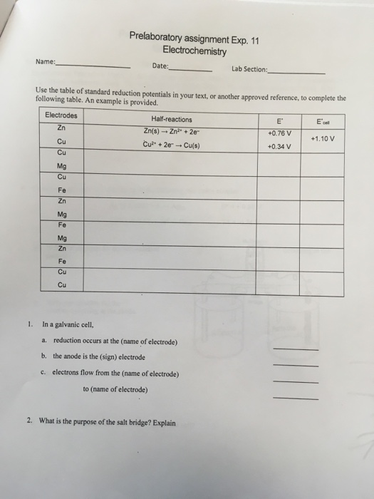 Solved Prelaboratory assignment Exp. 11 Electrochemistry | Chegg.com