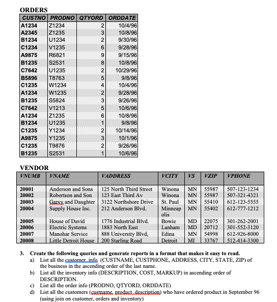 Solved 2. Populate the tables with the following data. Use | Chegg.com
