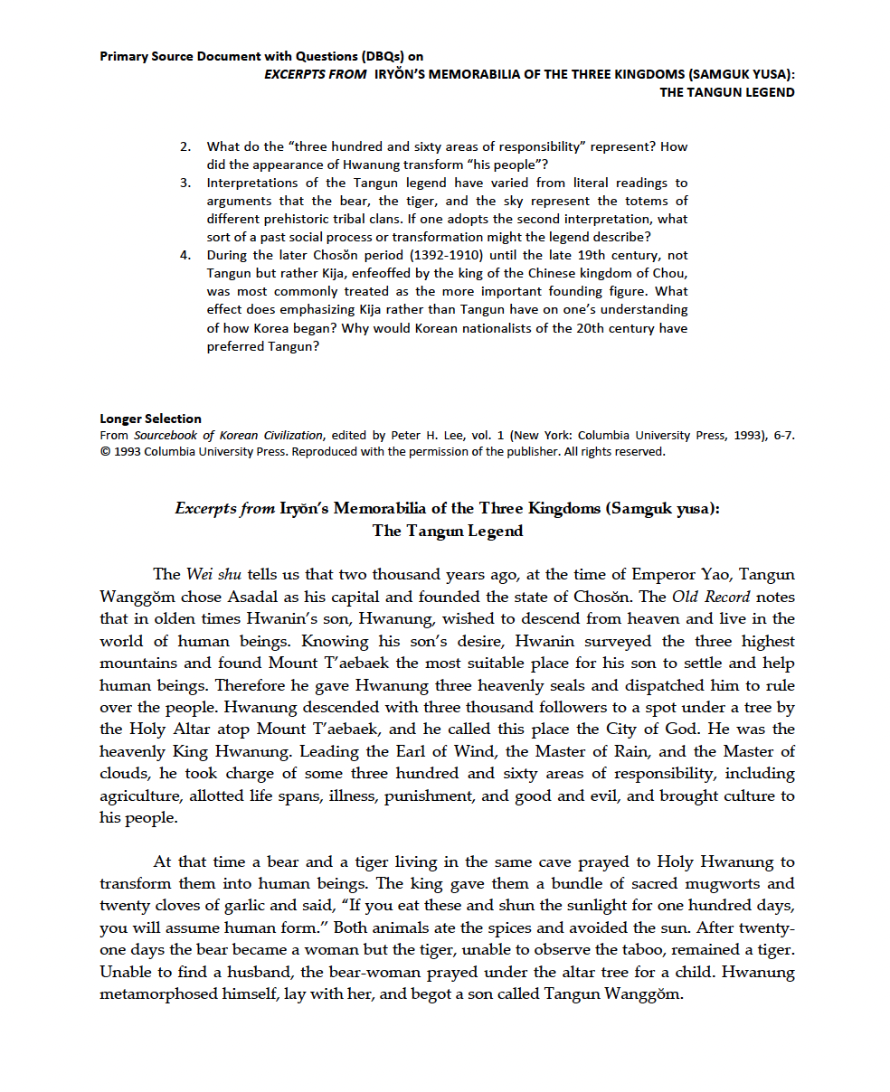 Solved Introduction The Tangun legend tells of the birth of | Chegg.com