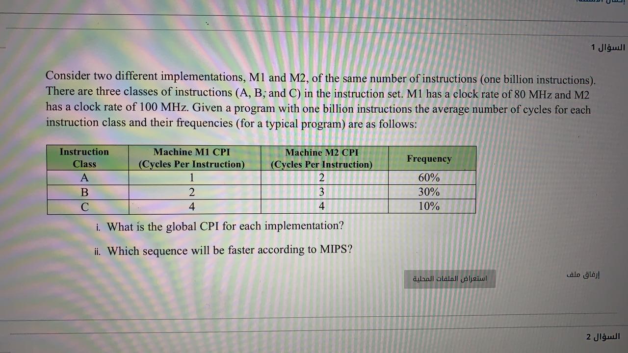 Solved السؤال 1 Consider two different implementations, M1 | Chegg.com