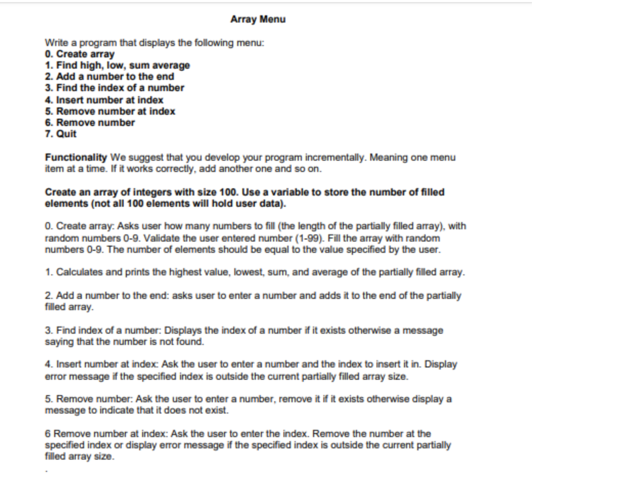 Solved Array Menu Write a program that displays the | Chegg.com