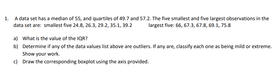 Solved 1. A data set has a median of 55 , and quartiles of | Chegg.com