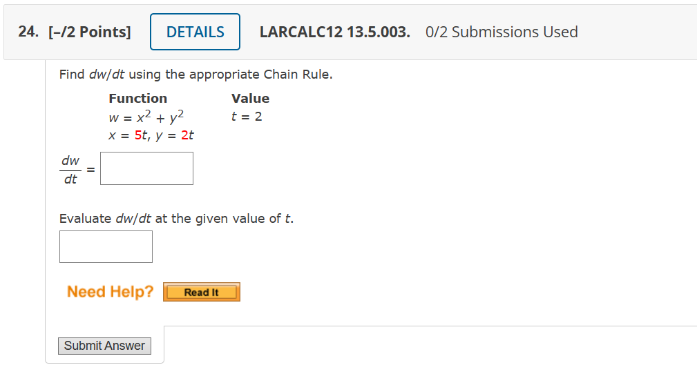 Solved Find dw/dt using the appropriate Chain Rule. Function | Chegg.com
