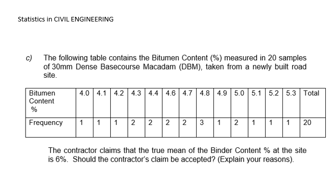 Solved Statistics in CIVIL ENGINEERING c) The following | Chegg.com