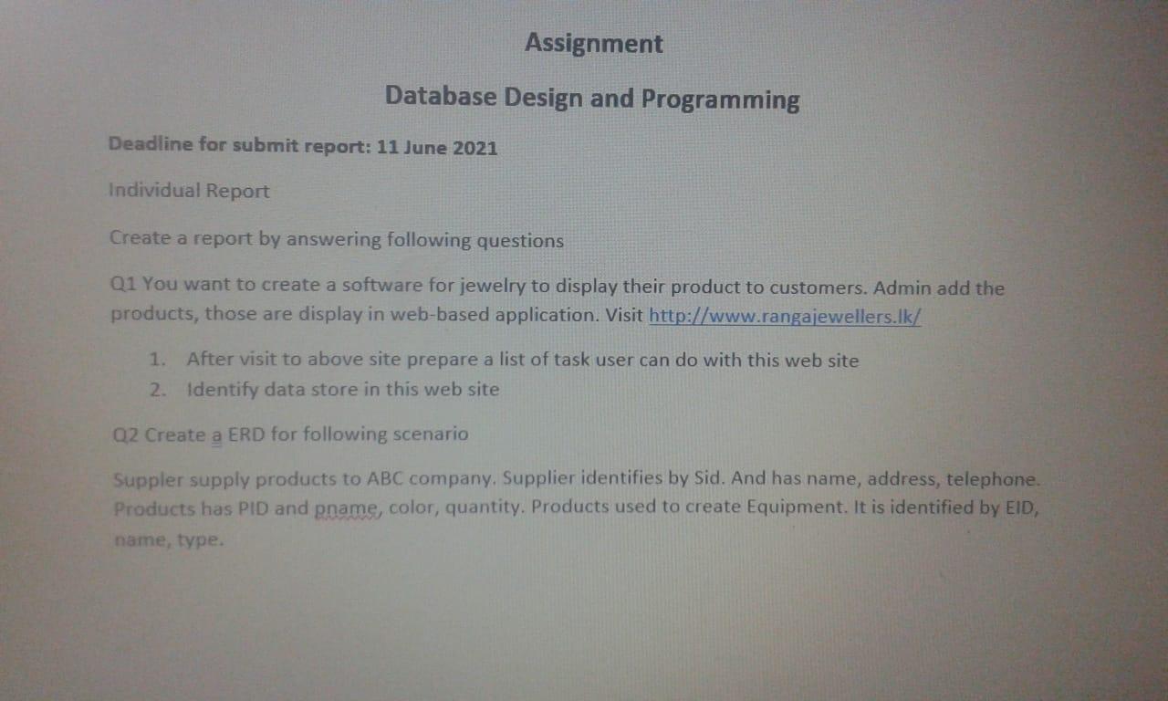 Solved Assignment Database Design and Programming Deadline | Chegg.com