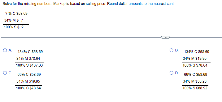 Solved Solve for the missing numbers. Markup is based on | Chegg.com