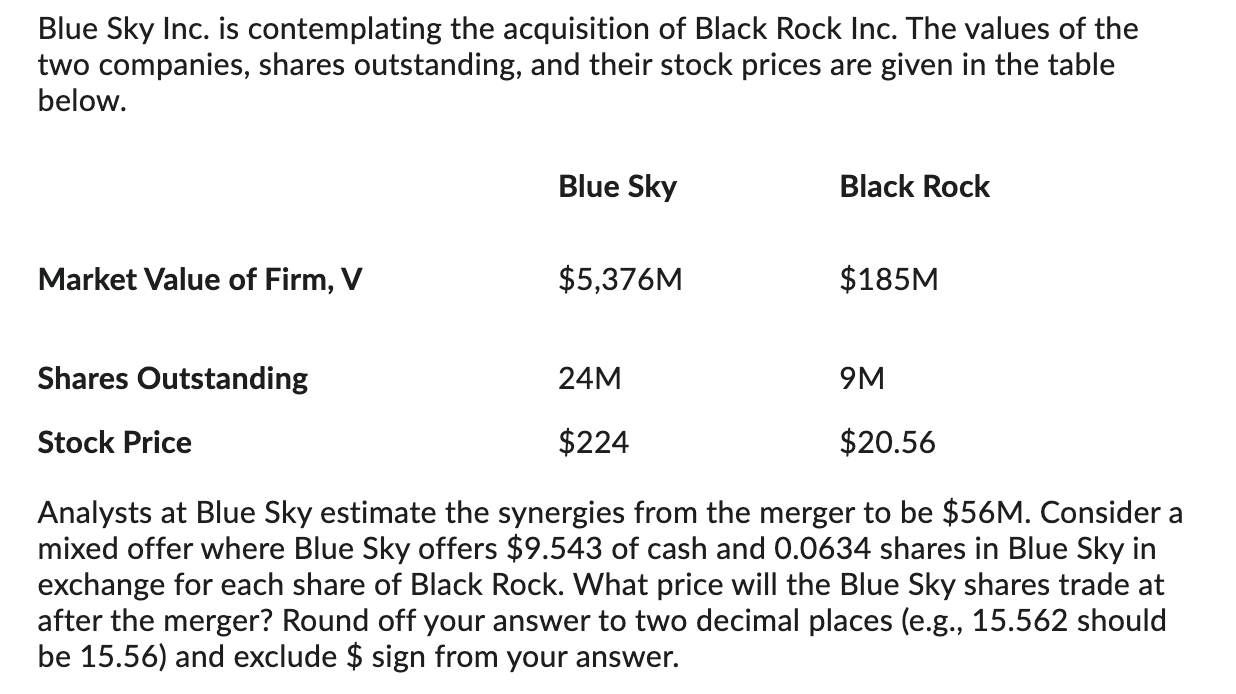 Solved Blue Sky Inc. is contemplating the acquisition of | Chegg.com