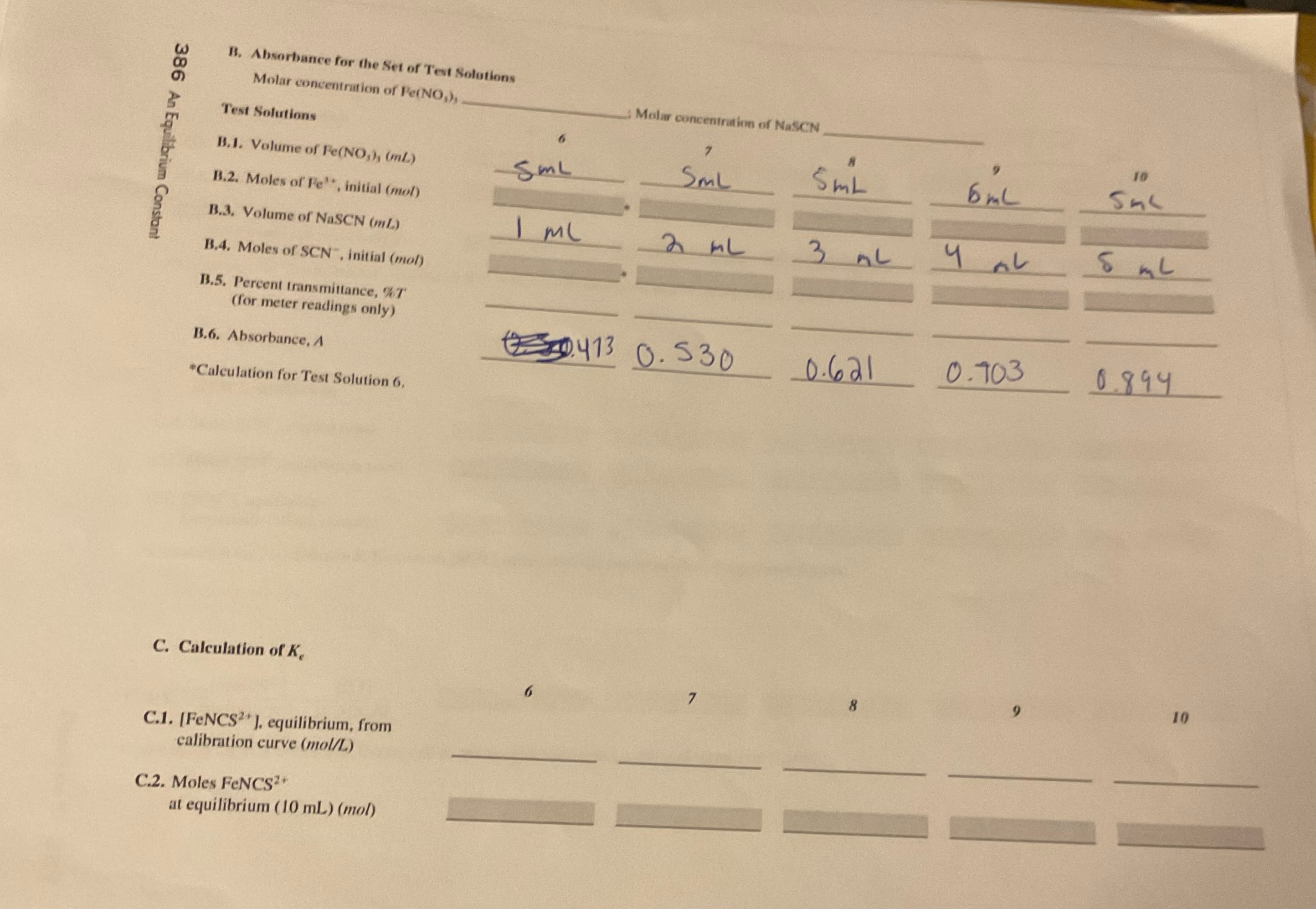 C. ﻿Calculation of KcC.2. ﻿Moles FeNCS ?(()2* )at | Chegg.com