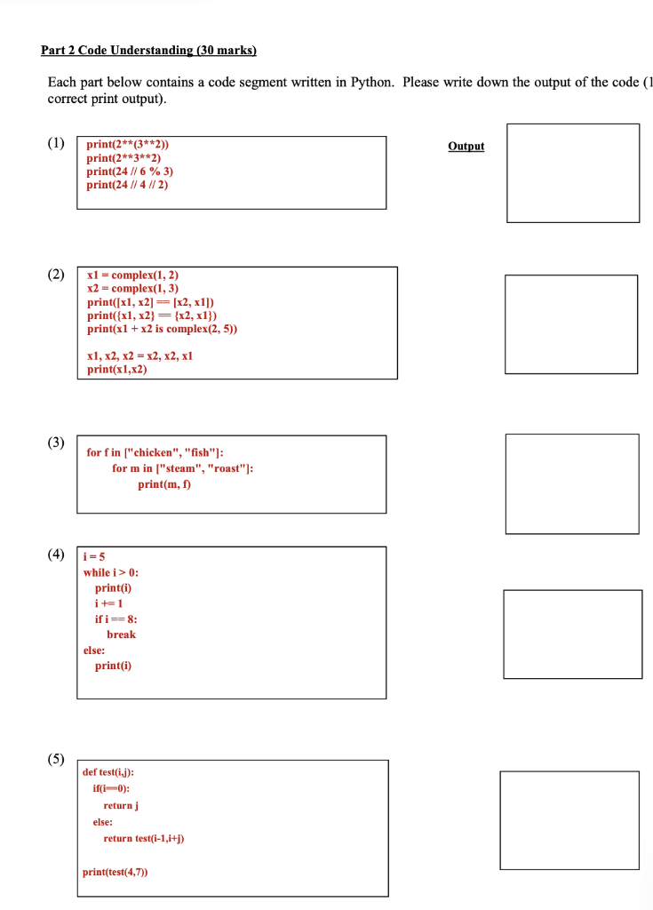 Solved Part 2 Code Understanding (30 marks) Each part below | Chegg.com