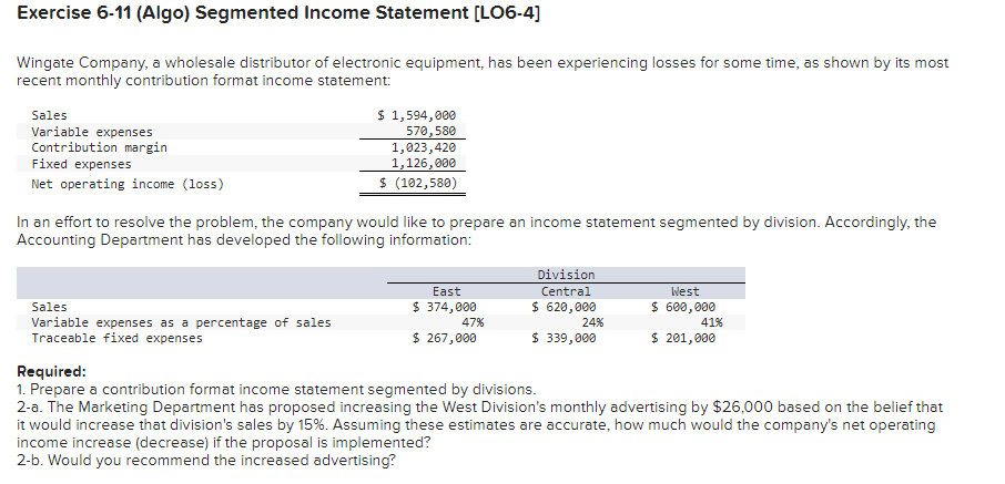 Solved Exercise 6-11 (Algo) Segmented Income Statement | Chegg.com