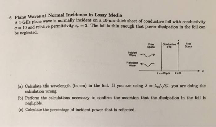 Solved 6. Plane Waves at Normal Incidence in Lossy Media A | Chegg.com