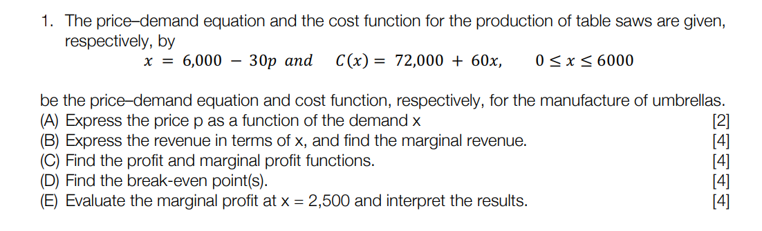 Solved The price-demand equation and the cost function for | Chegg.com