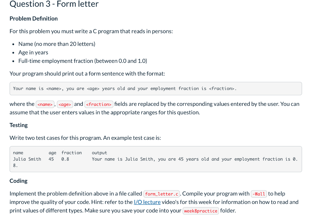 Question 3 - Form letter Problem Definition For this | Chegg.com
