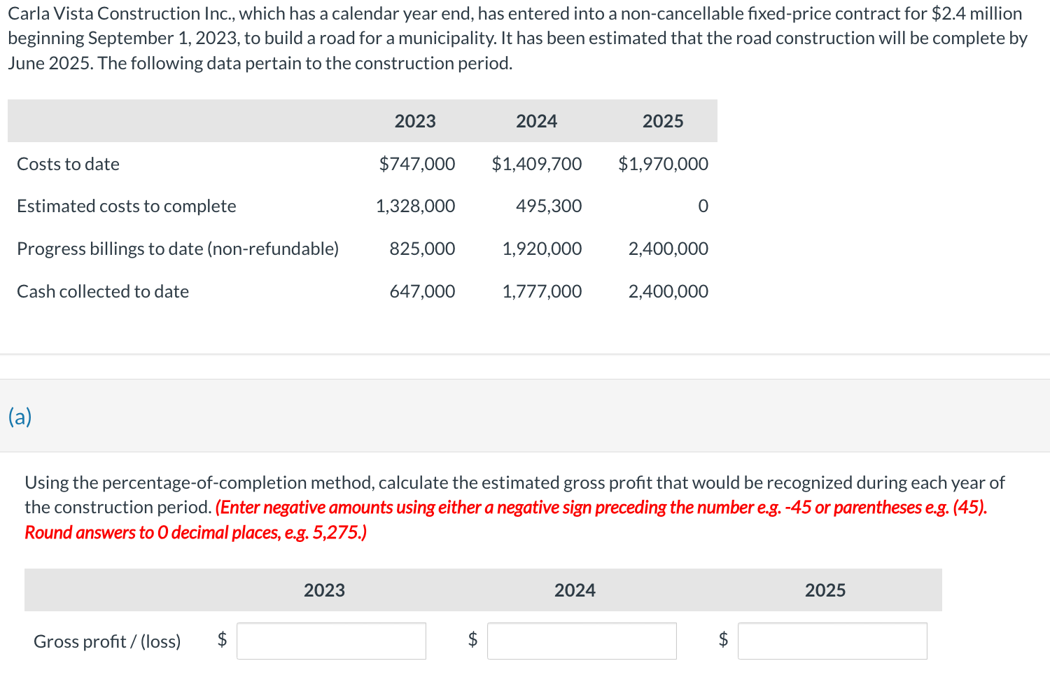 Solved Carla Vista Construction Inc., which has a calendar | Chegg.com