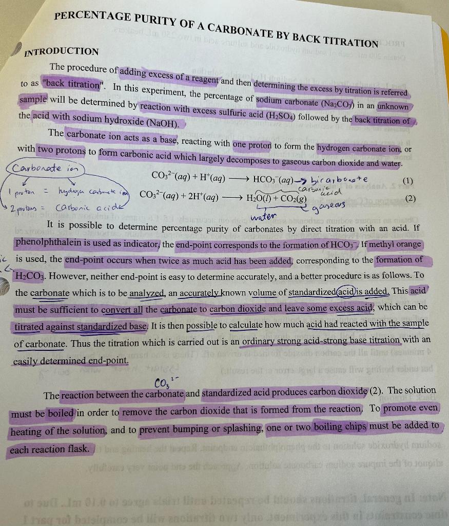 Solved PERCENTAGE PURITY OF A CARBONATE BY BACK TITRATION | Chegg.com