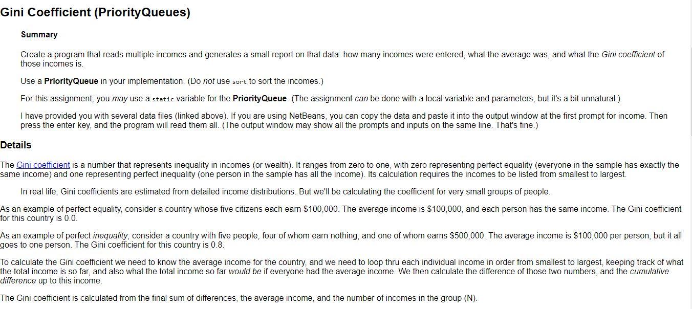 Solved Gini Coefficient (PriorityQueues) Summary Create a | Chegg.com