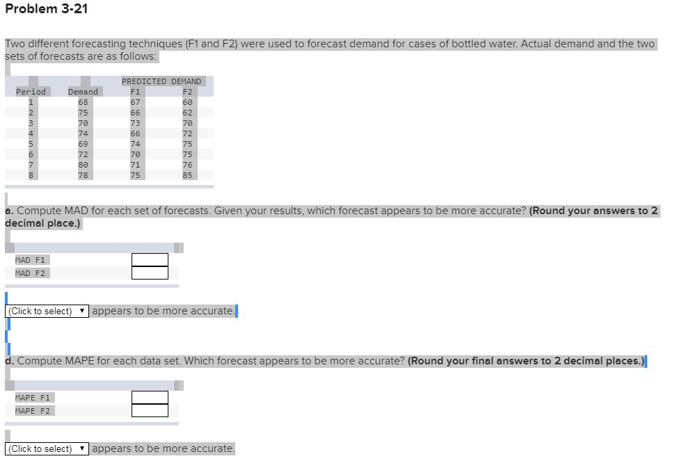 Solved Problem 3-21 Two different forecasting techniques (F1 | Chegg.com