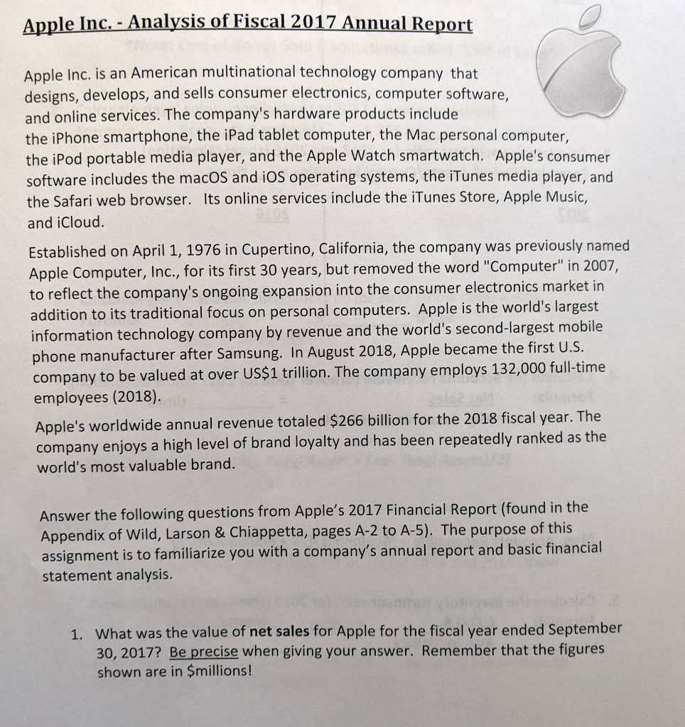 Solved Apple Inc. - Analysis of Fiscal 2017 Annual Report | Chegg.com
