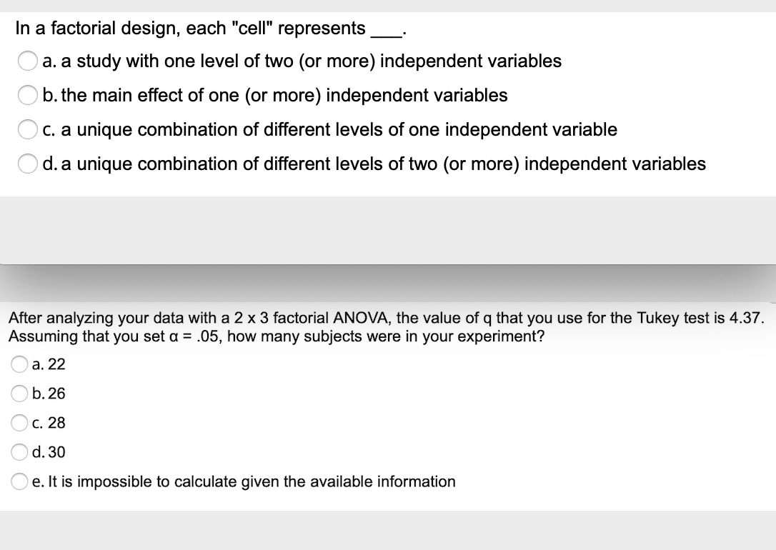 Solved In a factorial design, each "cell" represents a. a | Chegg.com