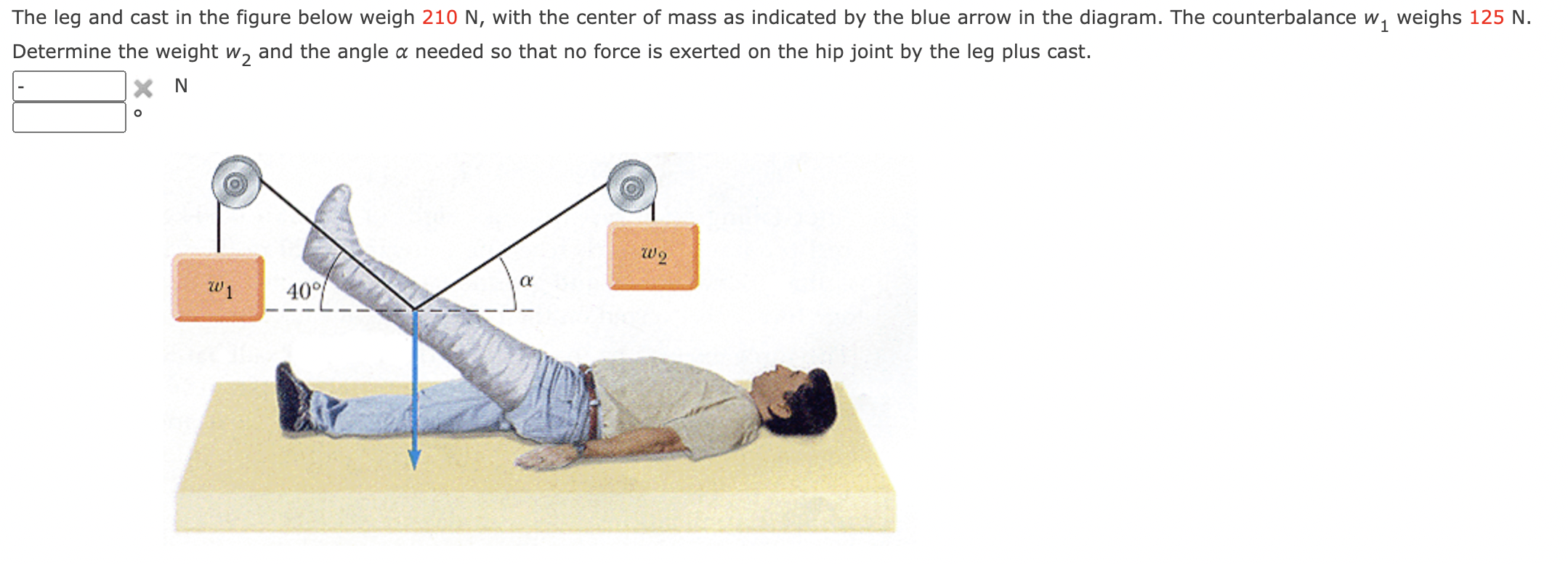 Solved The leg and cast in the figure below weigh 210 N, | Chegg.com