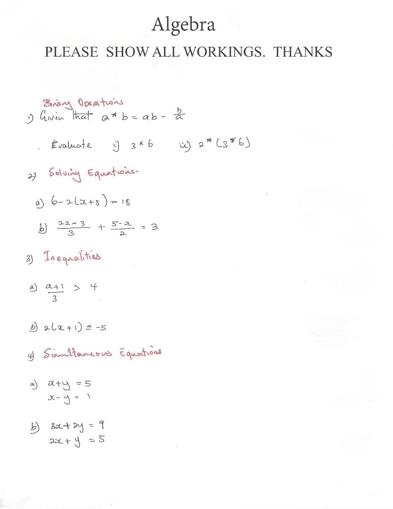 Solved Algebra PLEASE SHOW ALL WORKINGS. THANKS Binary | Chegg.com