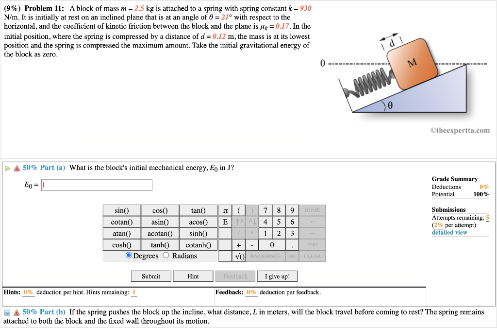 Solved (9\%) Problem 11: A block of mass m=2.5 kg is | Chegg.com