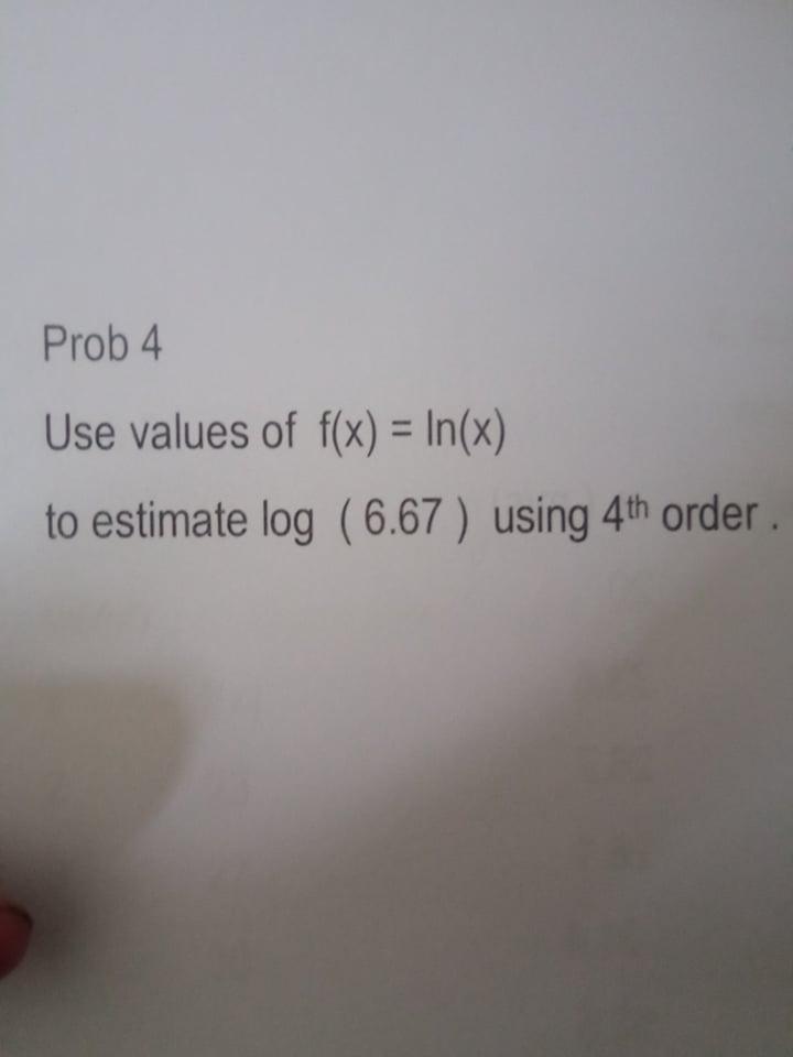 Solved Prob 4 Use values of f(x) = In(x) to estimate log | Chegg.com