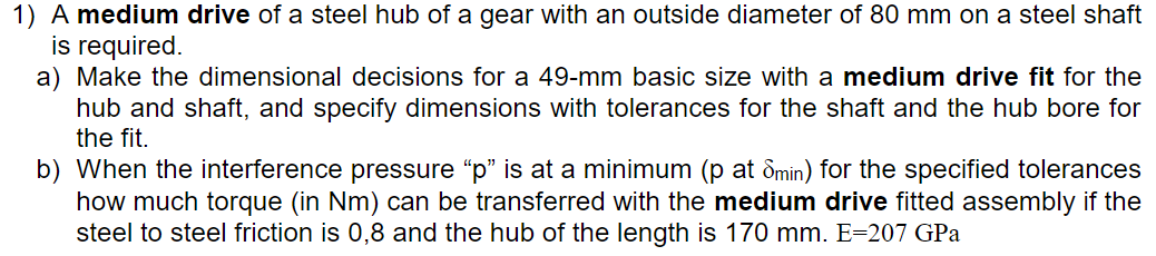 Solved 1) A medium drive of a steel hub of a gear with an | Chegg.com