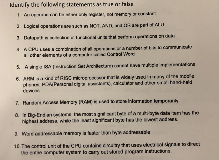 Solved Identify the following statements as true or false 1. | Chegg.com
