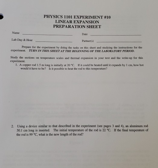 Solved PHYSICS 1101 EXPERIMENT # 10 LINEAR EXPANSION | Chegg.com