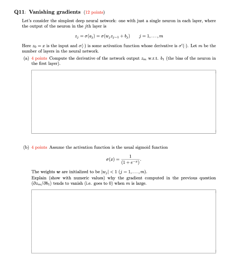 Q11: Vanishing gradients (12 points) Let's consider | Chegg.com