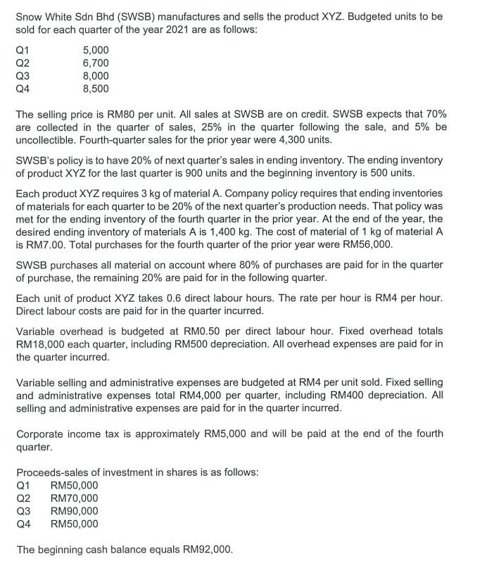 Solved Snow White Sdn Bhd (SWSB) manufactures and sells the | Chegg.com