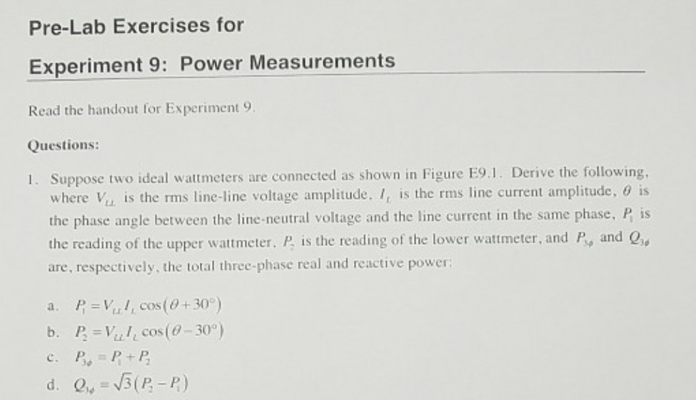 Solved Pre-Lab Exercises for Experiment 9: Power | Chegg.com