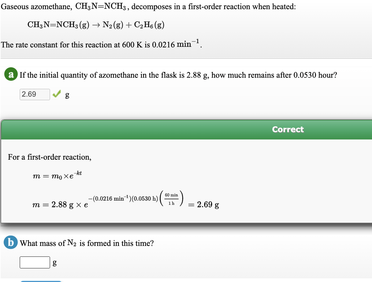 Solved Gaseous azomethane, CH3N=NCH3, decomposes in a | Chegg.com