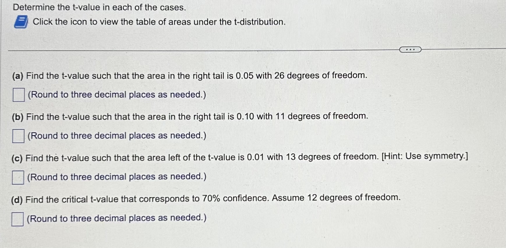 Solved Determine the t-value in each of the cases.Click the | Chegg.com