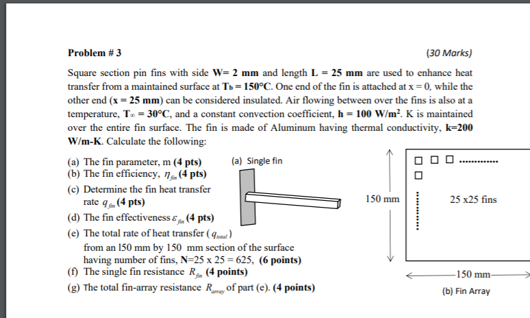 Solved Problem #3 (30 Marks) Square section pin fins with | Chegg.com