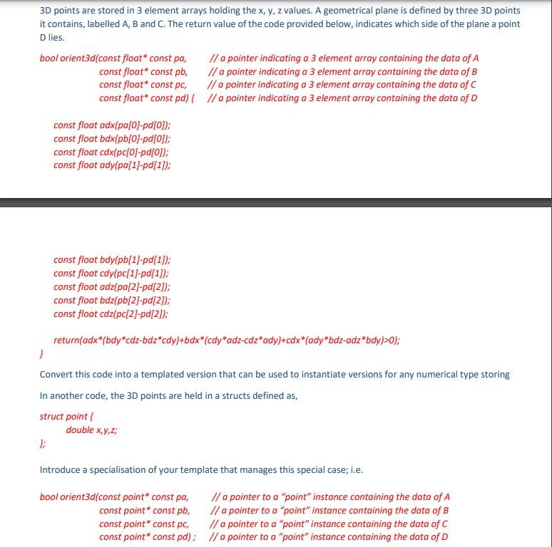 Solved 3D points are stored in 3 element arrays holding the | Chegg.com