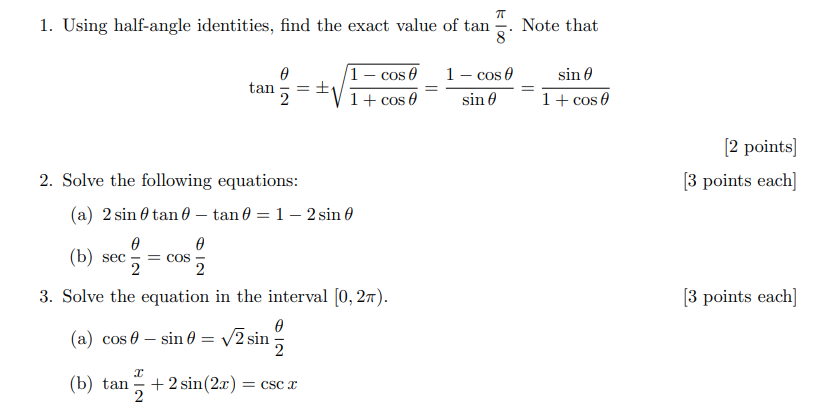 Solved ㅠ 1. Using half-angle identities, find the exact | Chegg.com