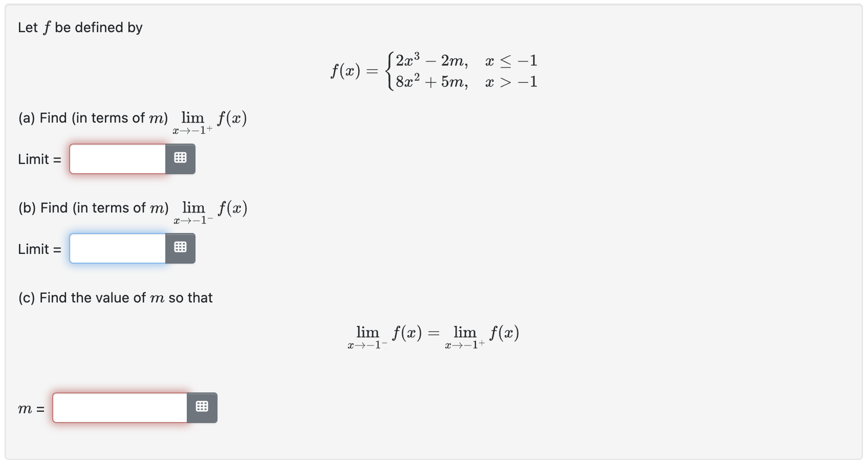 Solved Let f be defined by f(x)={2x3−2m,8x2+5m,x≤−1x>−1 (a) | Chegg.com