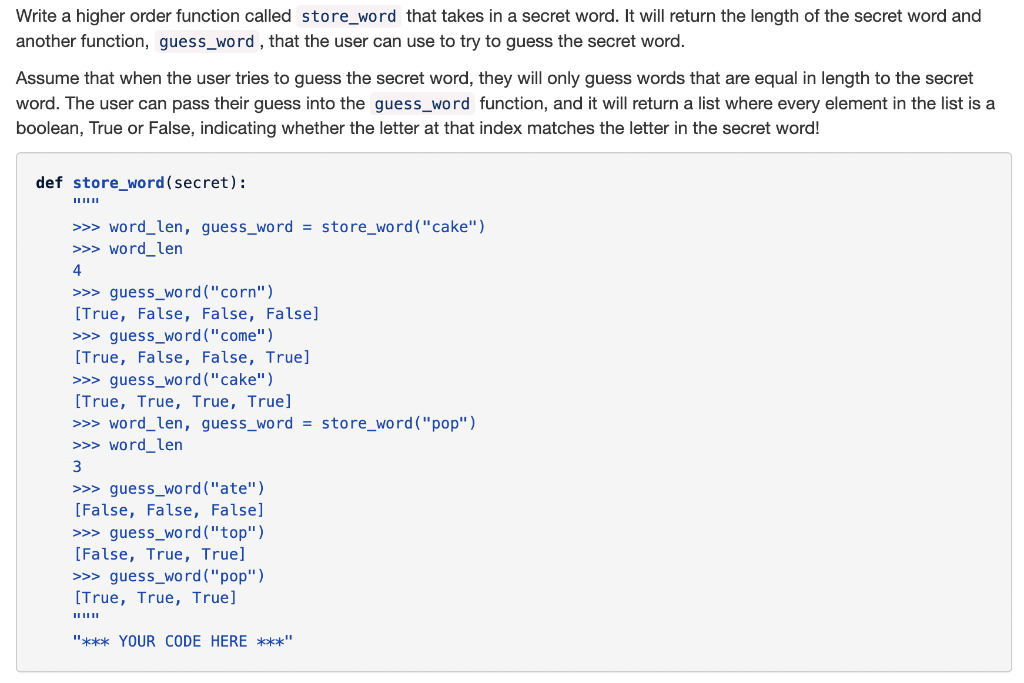 Write a higher order function called store_word that | Chegg.com